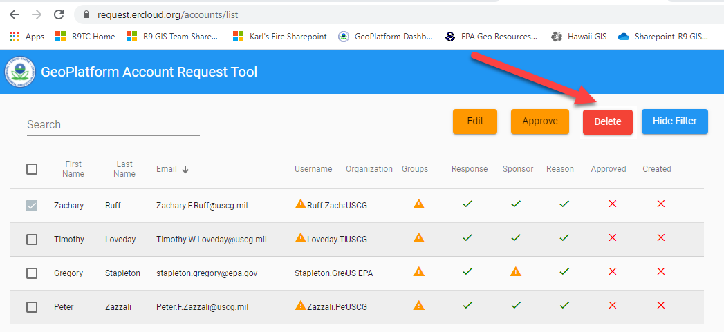 Delete non-approved account requests from accounts list · Issue #63 · USEPA/GeoPlatform-Request ...