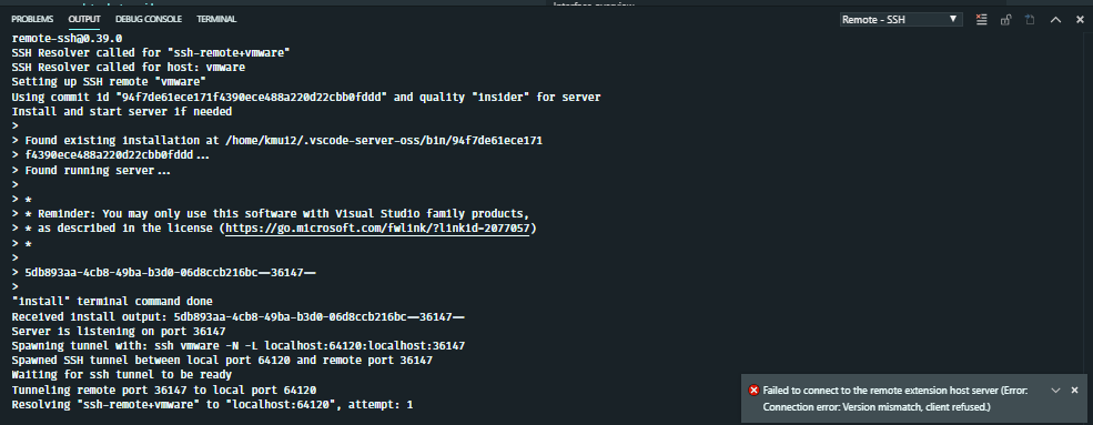 Failed To Connect To The Remote Extension Host Server Error Connection Error Version Mismatch 