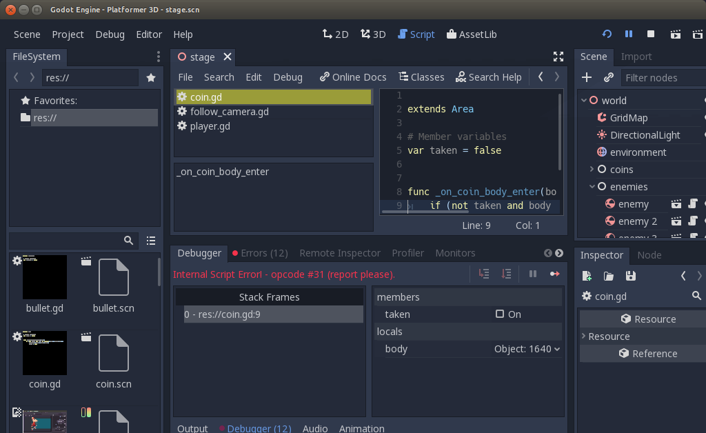 3 D Platformer Demo Internal Script Error Opcode 31 Report Please