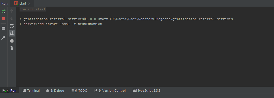 Invoking serverless local -f from WebStorm, using npm or Node.js configuration, doesn't provide ...
