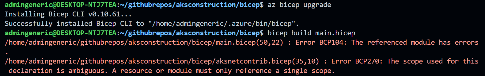 Bicep v0.10.61 linter errors on conditional scopes · Issue #399 · Azure/AKS-Construction · GitHub