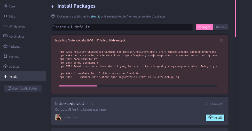 npm ERR! Unexpected end of JSON input · Issue #594 · steelbrain/linter-ui-default · GitHub