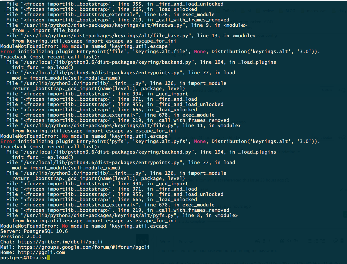 module 'keyring.errors' has no attribute 'KeyringLocked' · Issue #1040 · dbcli/pgcli · GitHub
