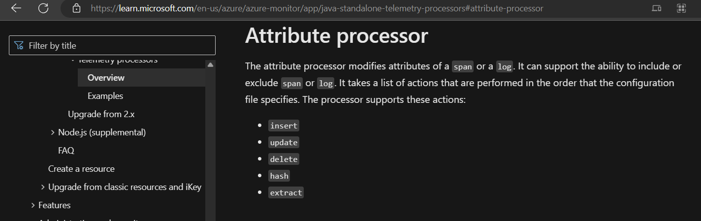 Telemetry processor documentation is missing documentation about mask action in attribute ...