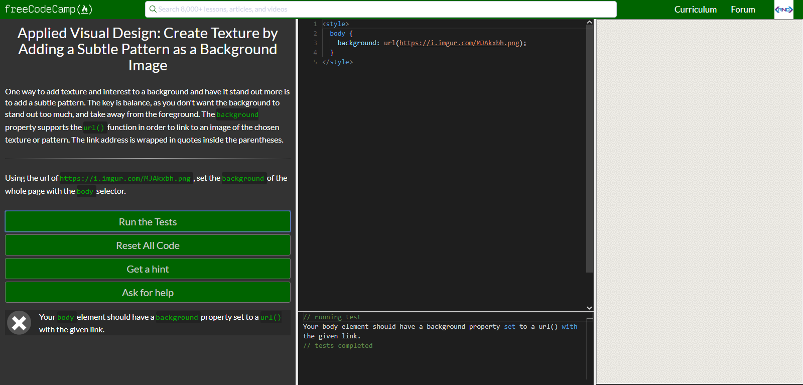 [BUG] Applied Visual Design, background pattern · Issue #17847 · freeCodeCamp/freeCodeCamp · GitHub