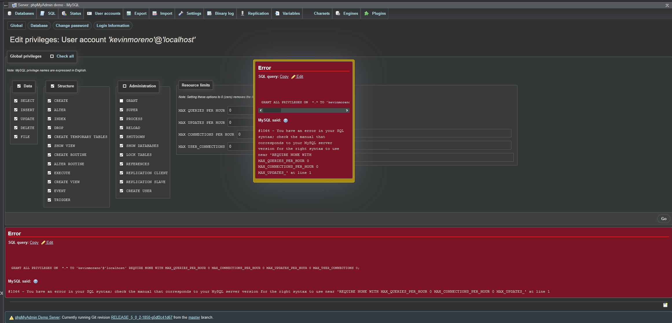 SQL error when modifying user privileges on MySQL 8.0.11+ · Issue #16166 · phpmyadmin/phpmyadmin ...