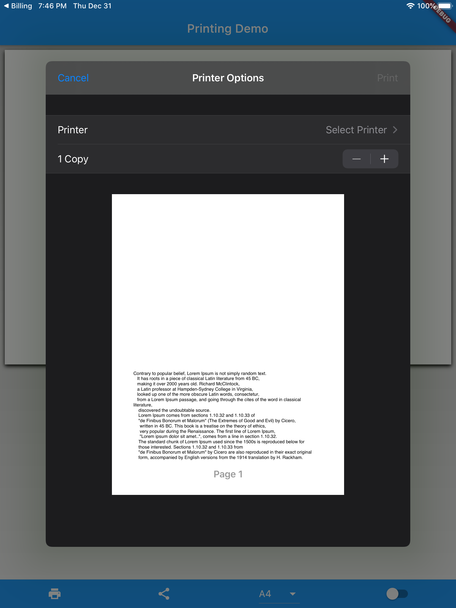 iOS: Printing library does not print anything but (a4 portrait) mode on iOS, and if you try to ...