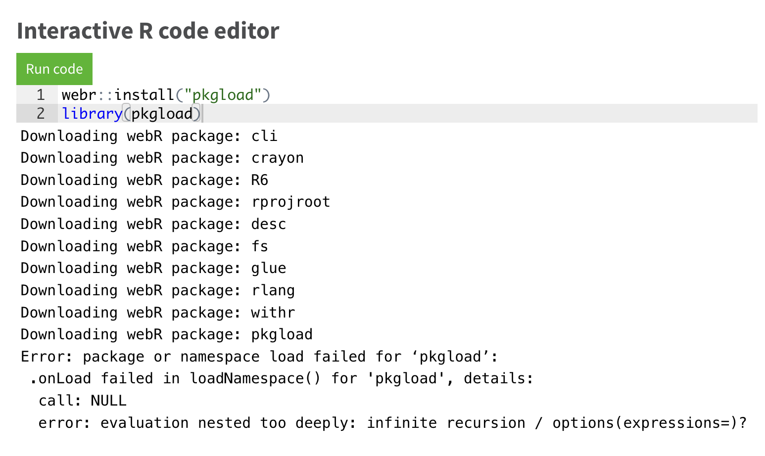 Obscure error when trying to use `{pkgload}` · Issue #292 · r-wasm/webr · GitHub