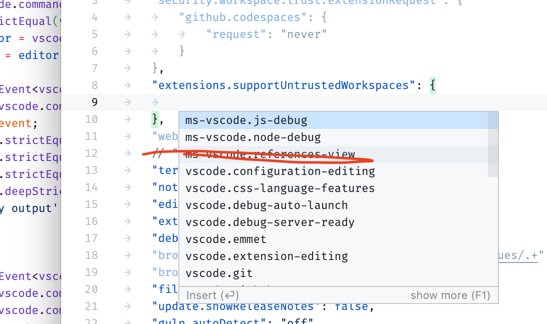 IntelliSense for extensions.supportUntrustedWorkspaces doesn't show ...
