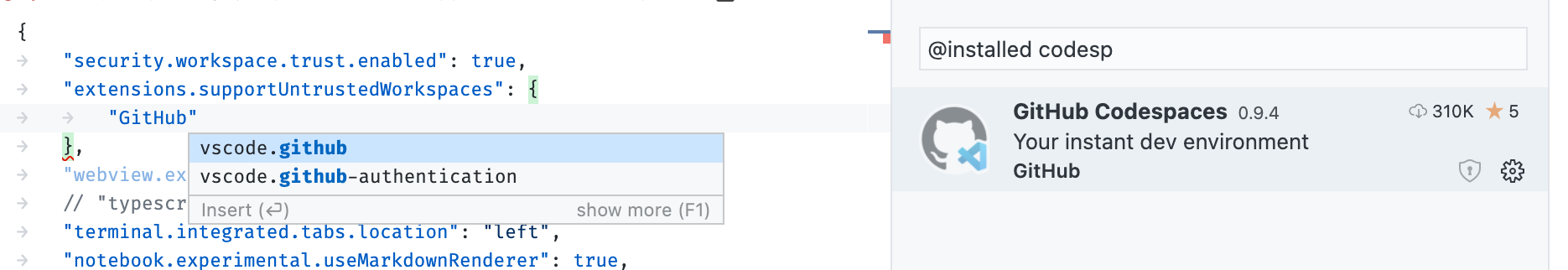 IntelliSense for extensions.supportUntrustedWorkspaces doesn't show ...