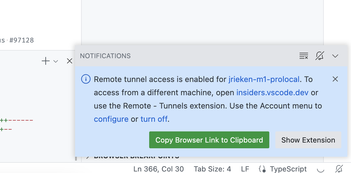 [remote tunnels] Use modal for tunnel done message · Issue #167821 · microsoft/vscode · GitHub