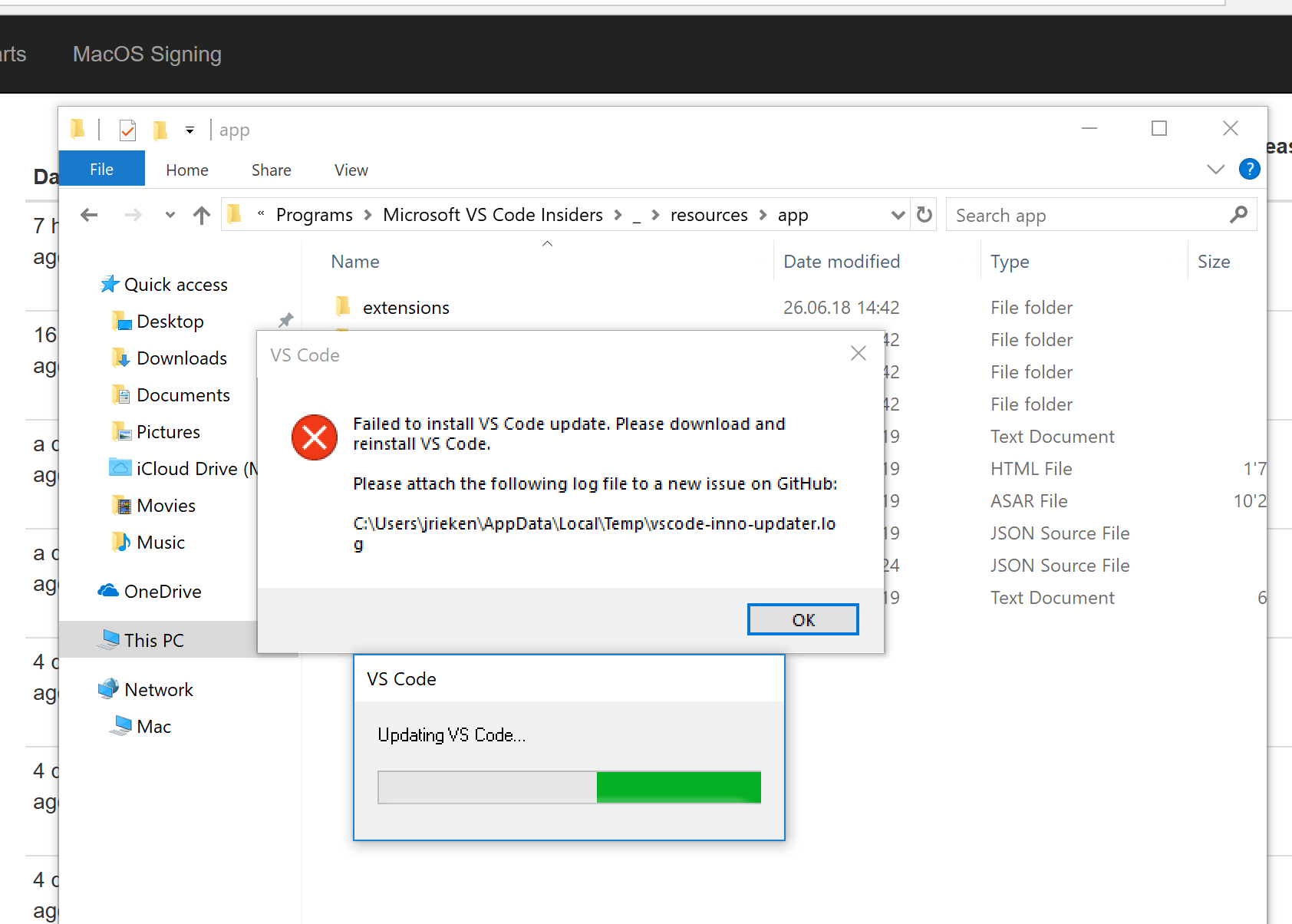Update fails and leaves a wreck when update-folder is open in explorer ...