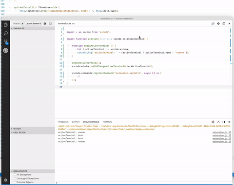 onDidChangeActiveTerminal doesn't fire (maybe new terminal isn't active ...