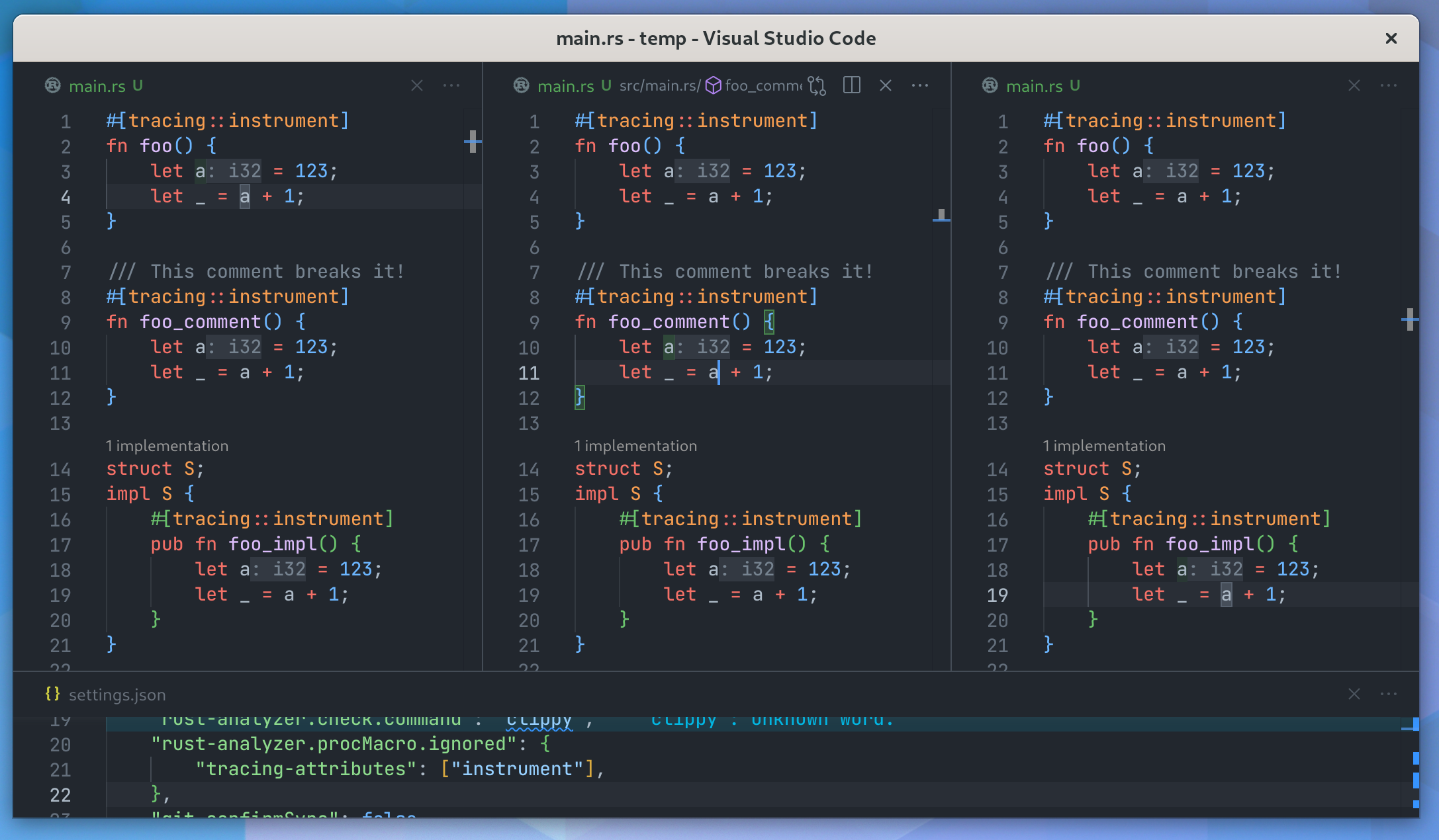 `#[tracing::instrument]` breaks refactor-rename and usages, especially on functions with a doc ...