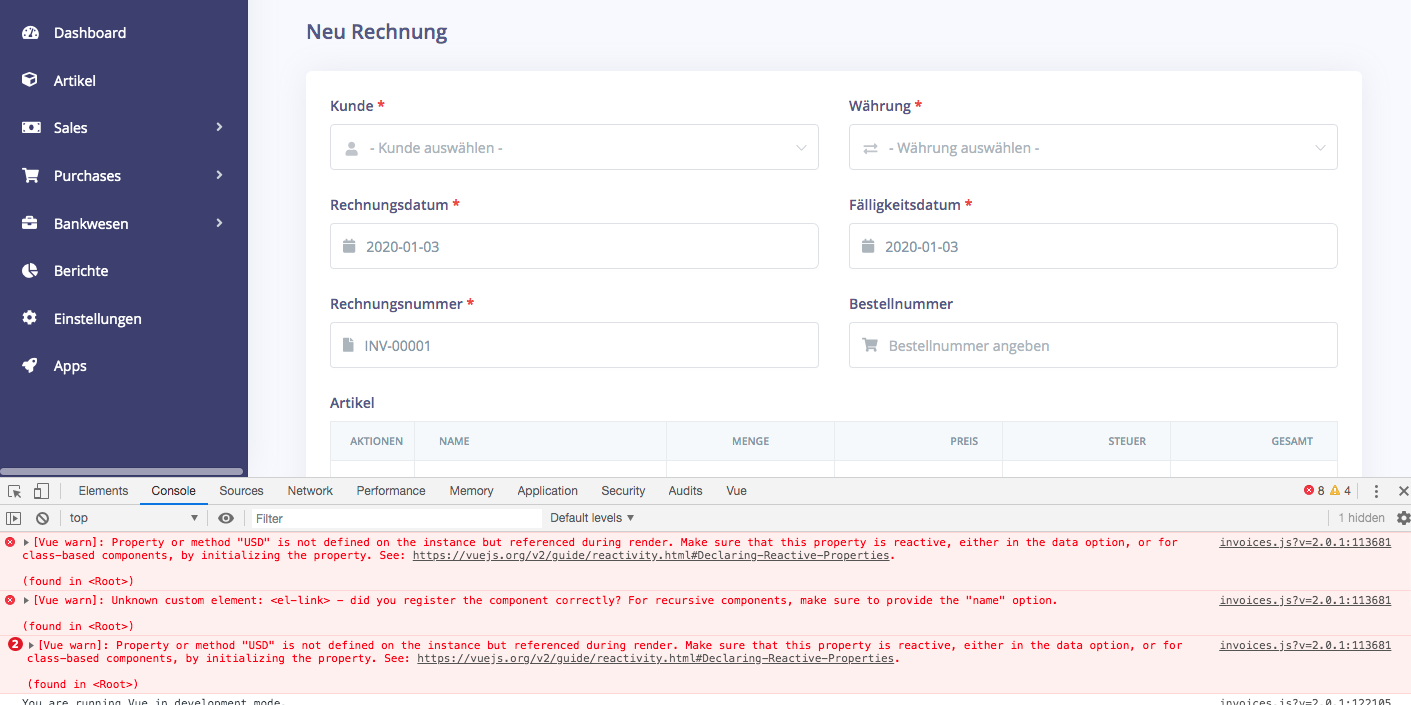 Vue Error - Dashboard / Create Invoice / Setting Invoice · Issue #1076 · akaunting/akaunting ...