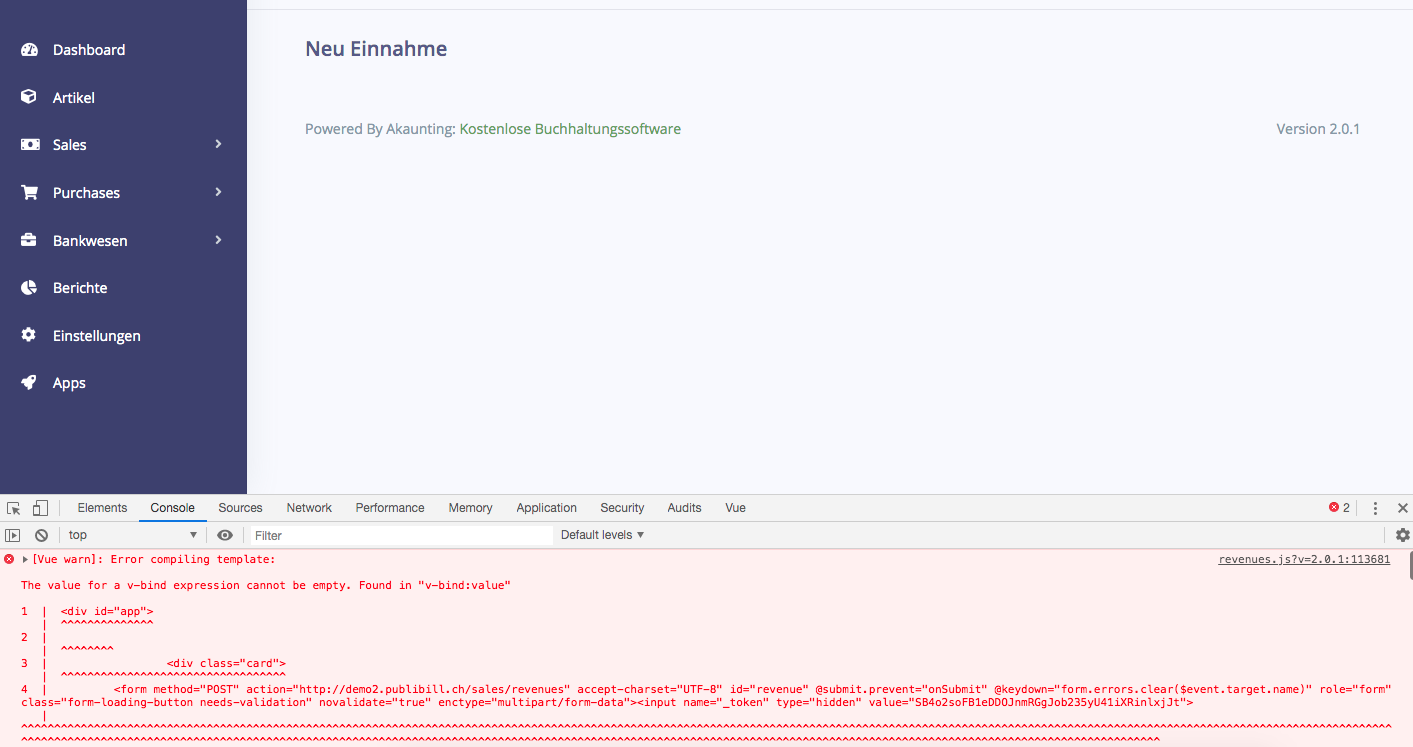 Vue Error - Dashboard / Create Invoice / Setting Invoice · Issue #1076 · akaunting/akaunting ...