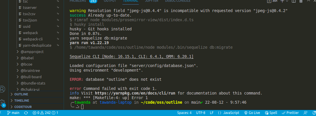 Local Dev Environment Error Database Outline Does Not Exist · Outline Outline · Discussion 