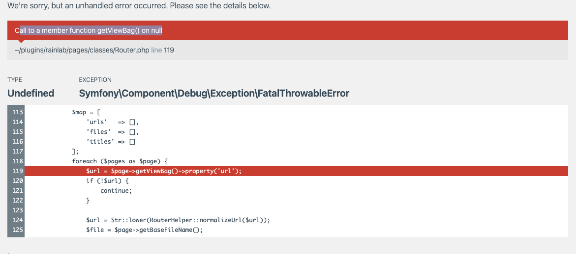 Call to a member function getViewBag() on null · Issue #490 · rainlab/pages-plugin · GitHub