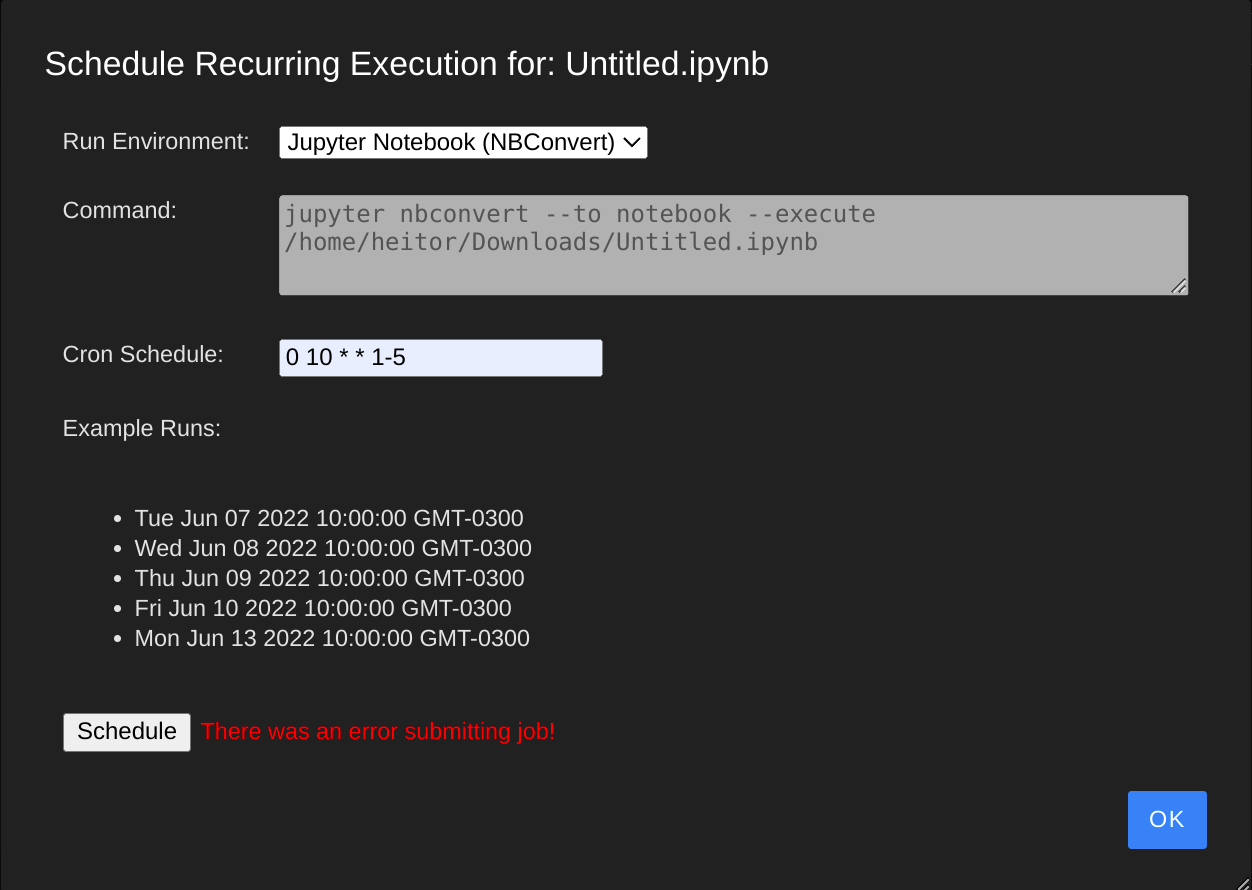 Error to schedule · Issue #22 · tiburon-security/jupyterlab_scheduler · GitHub