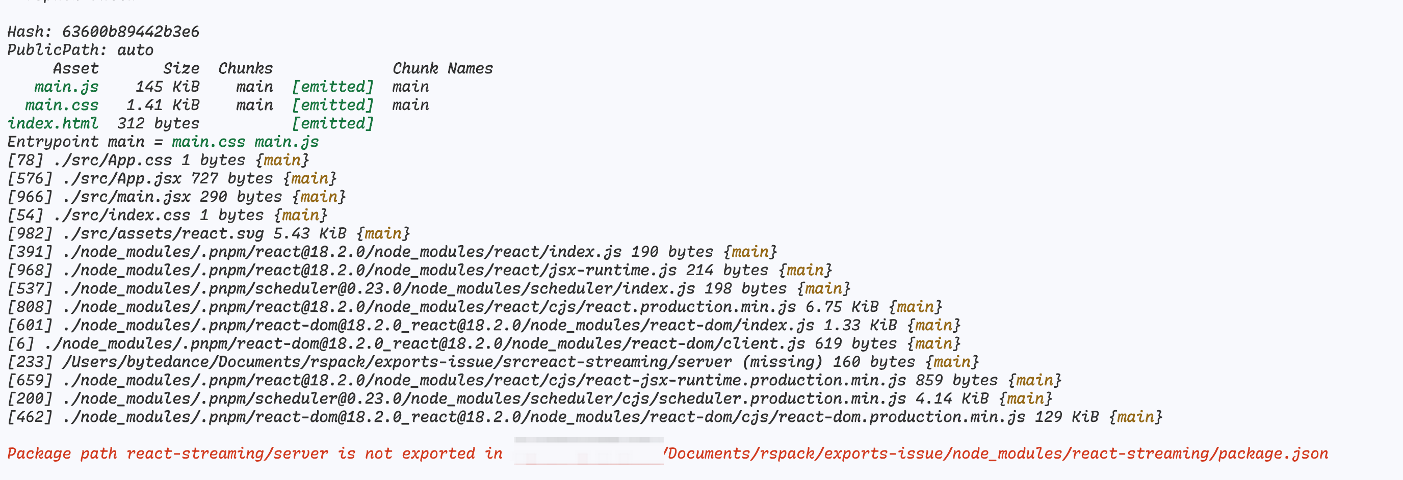 [Bug Report]: react-streaming/server is not exported in /xxxxx/exports-issue/node_modules/react ...
