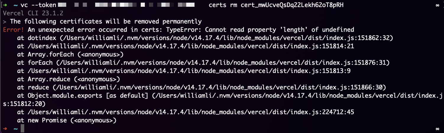 [BUG] cannot remove certs from CLI, `certs rm` caused `length of undefined` error. · Issue #7493 ...