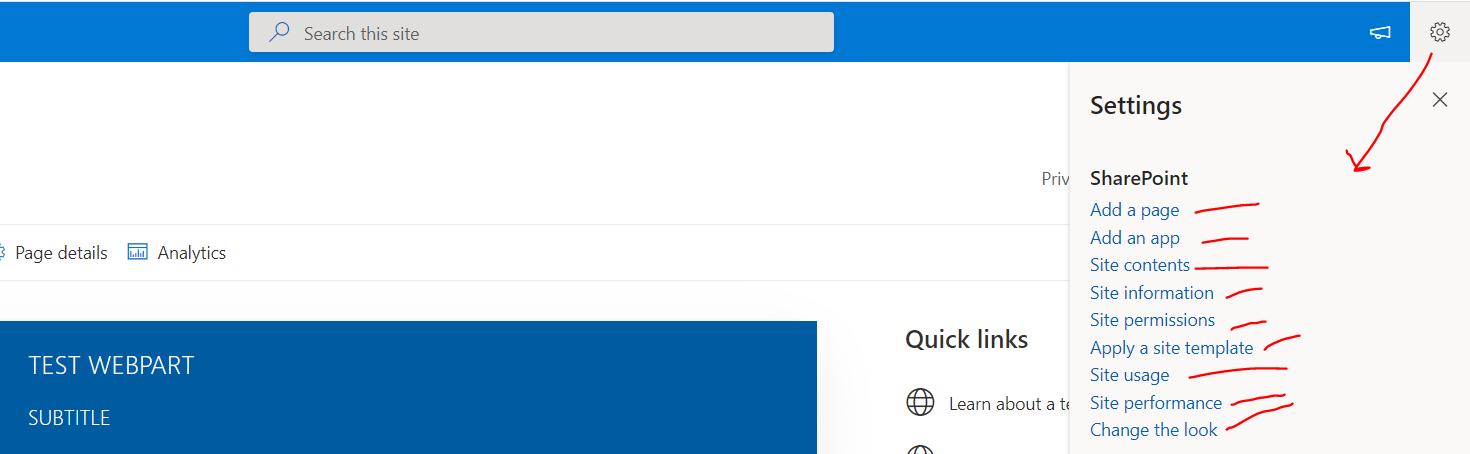 Is it possible to get the data[Add a Page/Add an App/Site Contents ...] on gear icon click ...