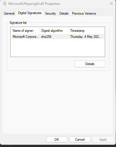 Microsoft.Playwright.dll Isn't Digitally Signed · Issue #2569 · microsoft/playwright-dotnet · GitHub