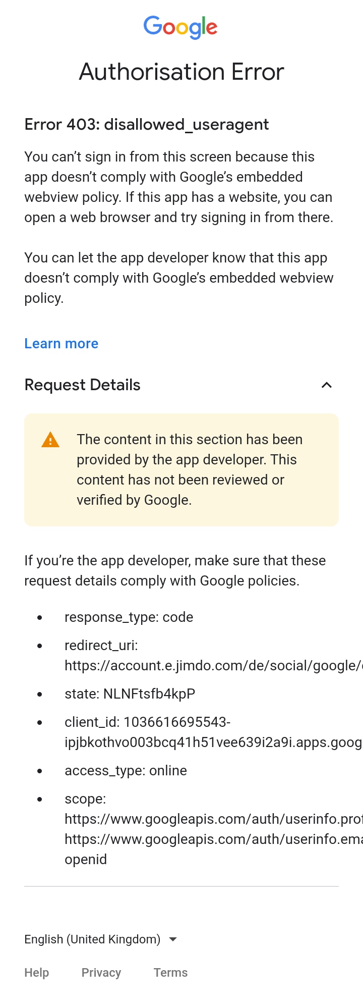 Google login result in “disallowed_useragent” · Issue #978 · tuyafeng/Via · GitHub