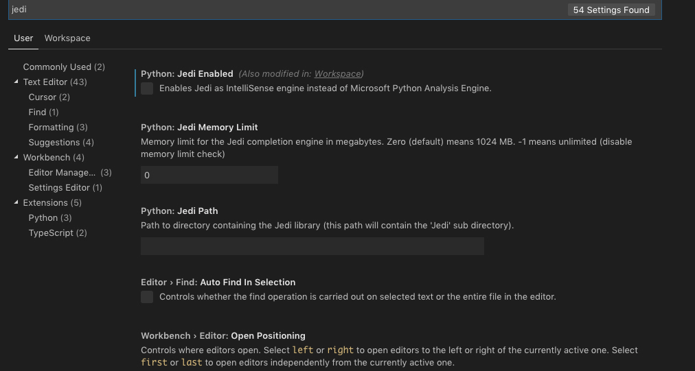 Jedi Enabled Only Works In User Setting Can T Work In Workspace Setting Or Remote Setting