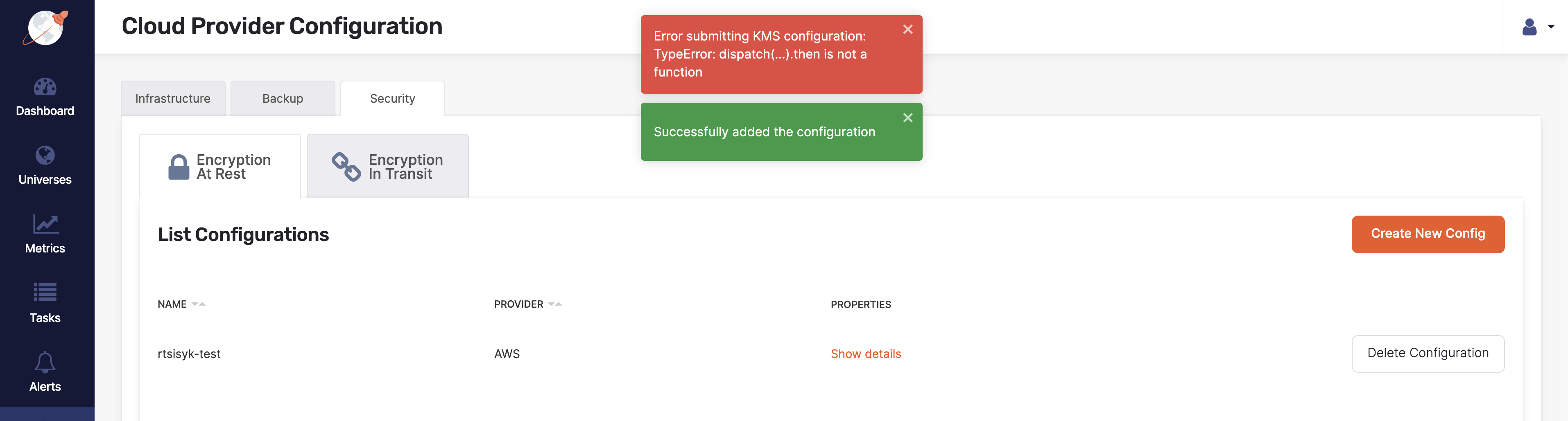 [Platform] Error submitting KMS configuration: Type Error : dispatch(...).then is not a function ...