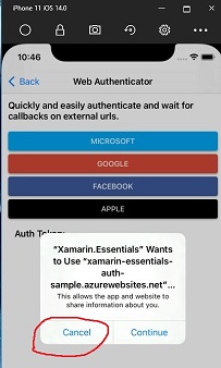 [Bug] WebAuthenticator - User close dialogs on iOS · Issue #1451 · xamarin/Essentials · GitHub