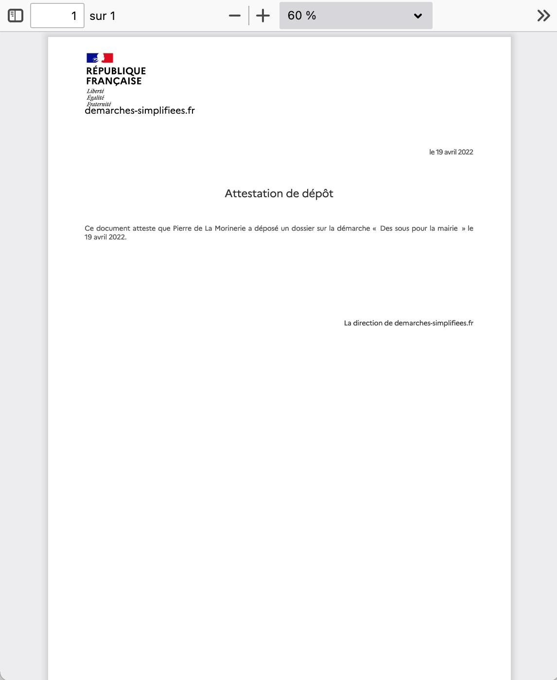 ETQ Usager, je veux obtenir une preuve du dépôt et de l'historique du ...