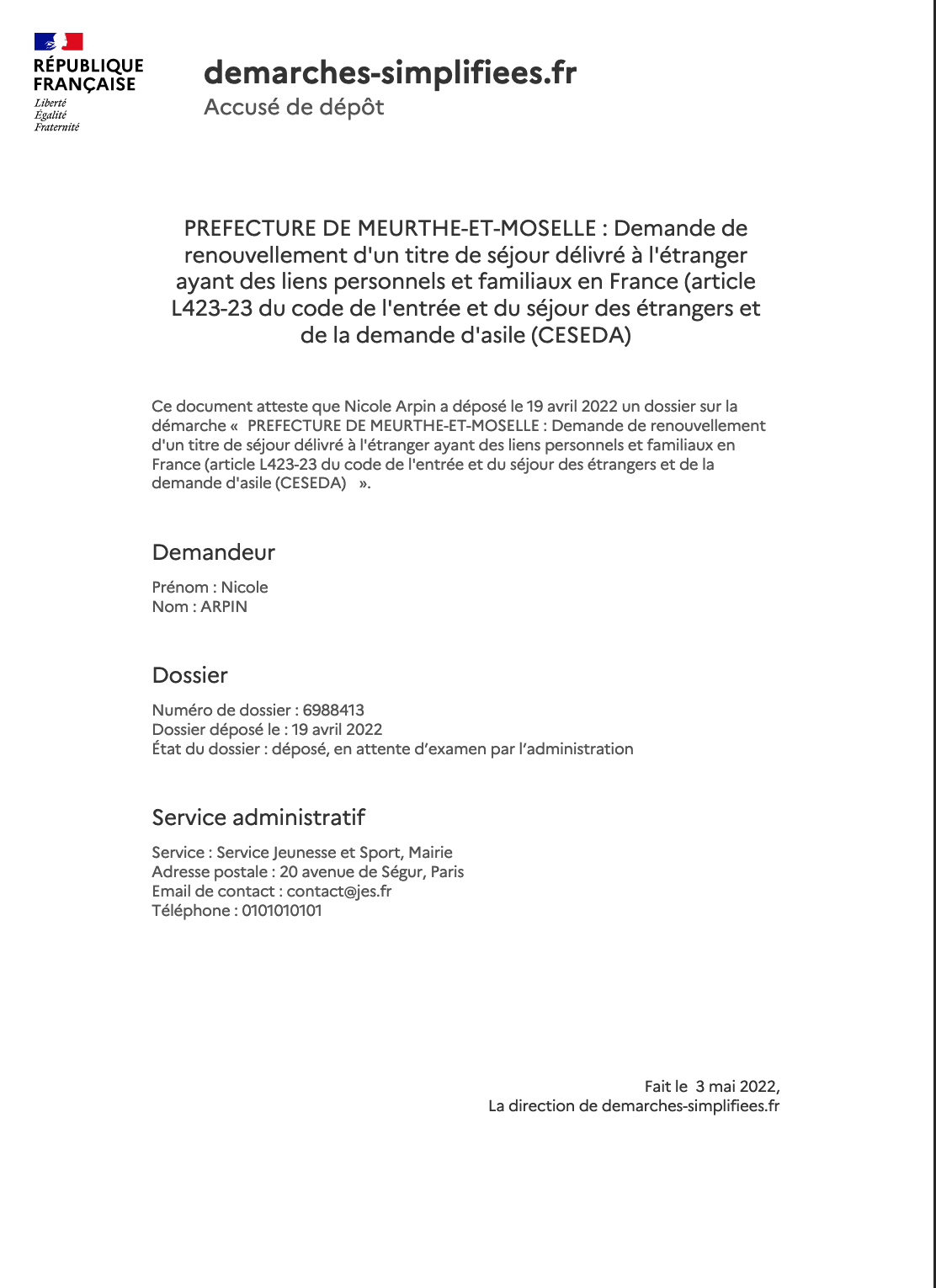 ETQ Usager, je veux obtenir une preuve du dépôt et de l'historique du ...