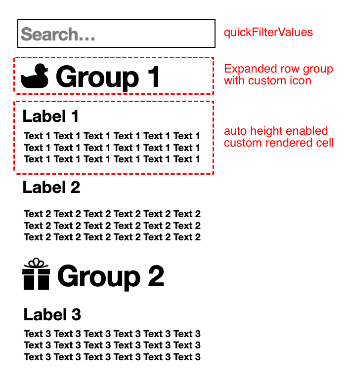 Expanded non-collapsable grouped rows with custom icon per group and no ...
