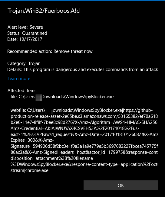 Windows Defender - Trojan:Win32/Fuerboos.A!cl · Issue #82 · crazy-max/WindowsSpyBlocker · GitHub