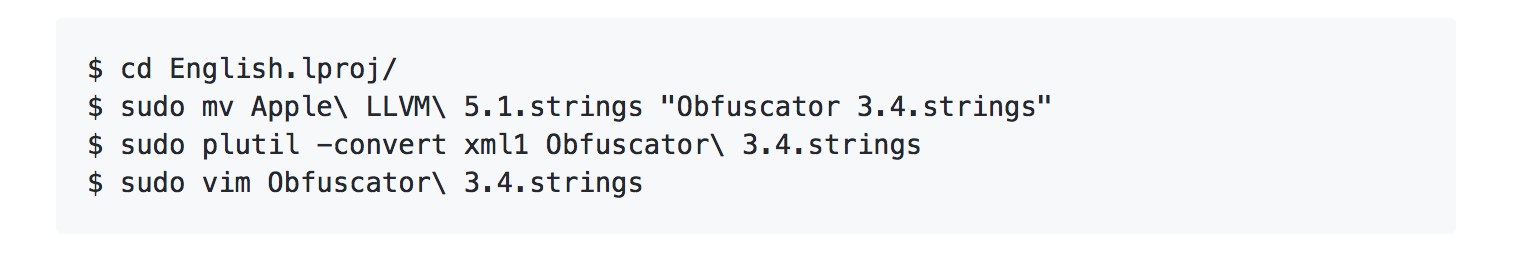 Xcode 9.3 Obfuscator 3.4.strings: Property List error: · Issue #120 · obfuscator-llvm/obfuscator ...