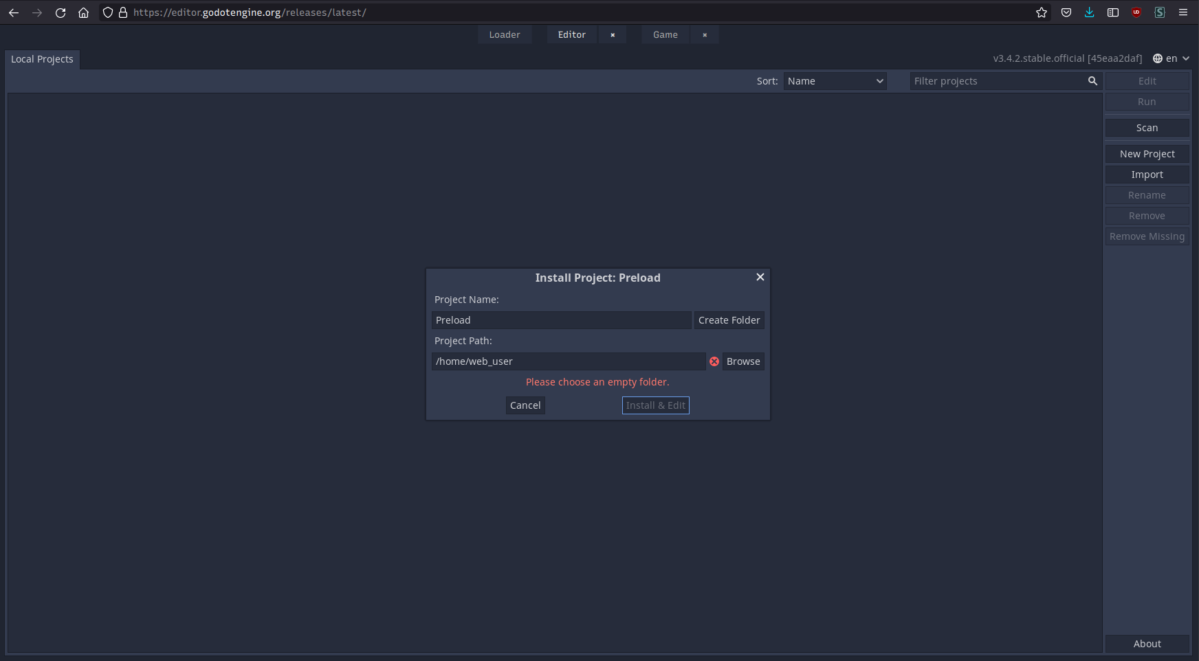 Preloaded ZIP in the web editor should be imported without asking for a destination folder ...