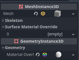 Only display GeometryInstance3D's material override/overlay properties for meshes that already ...