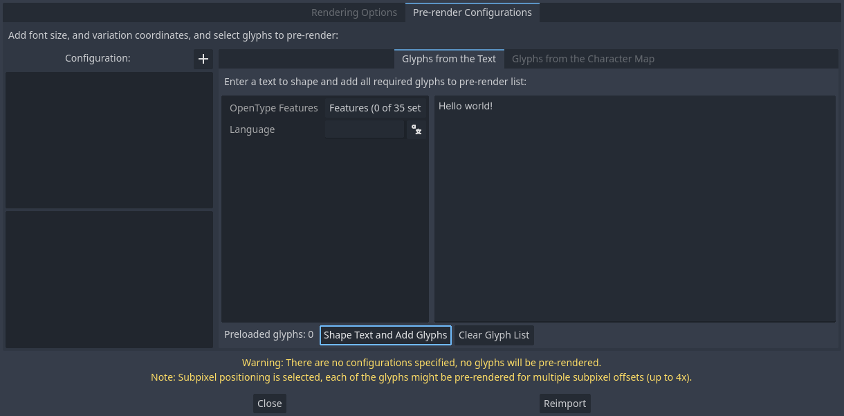 Nothing happens when trying to add characters to font prerendering if no configuration is ...
