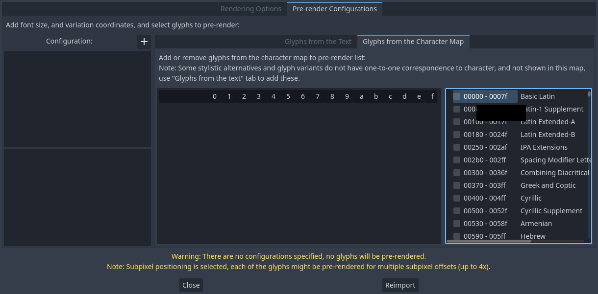 Nothing happens when trying to add characters to font prerendering if no configuration is ...