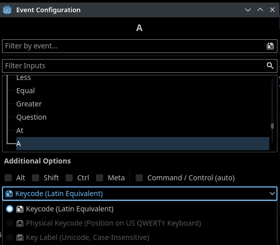 Physical Keycode and Key Label options appear grayed out in the input editor when editing an ...