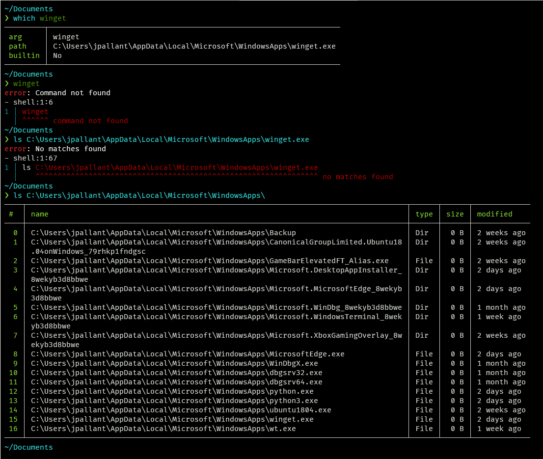 Can't run winget (or other WindowsApps) · Issue #1935 · nushell/nushell · GitHub