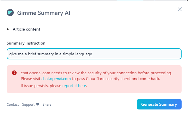 After installing, throwing error, attached screenshot · GorvGoyl GimmeSummary-AI · Discussion #4 ...