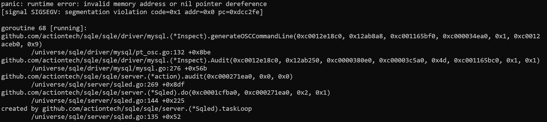 SQLE panic when trigger pt-osc suggestion · Issue #130 · actiontech/sqle · GitHub