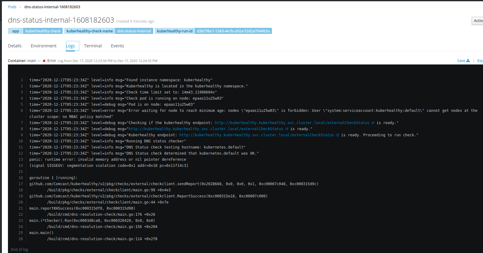 Default checks fail with segmentation violation · Issue #761 · kuberhealthy/kuberhealthy · GitHub
