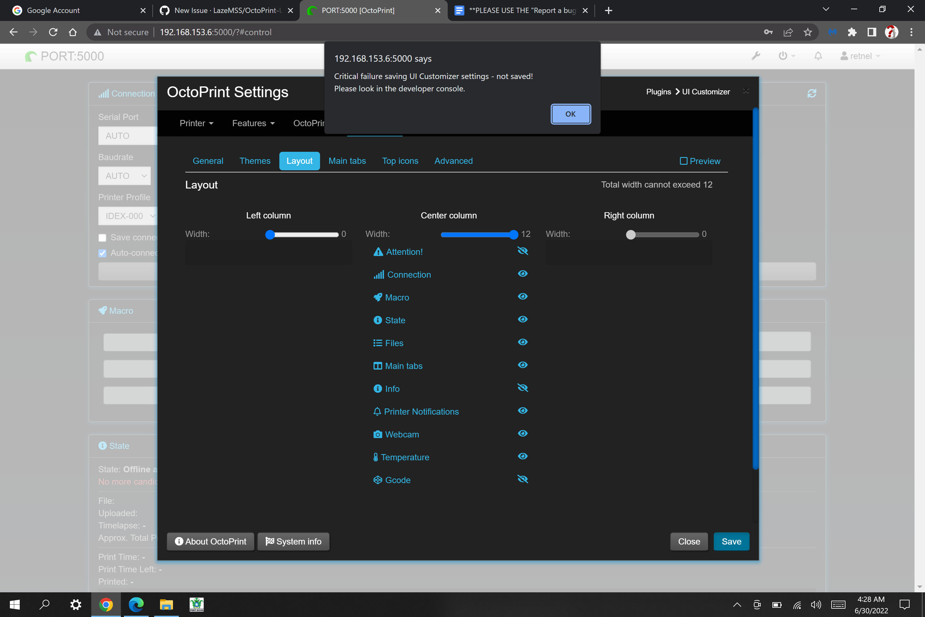 UI Customizer Settings Crashes upon saving when attempting to put all controls in the Left-Width ...