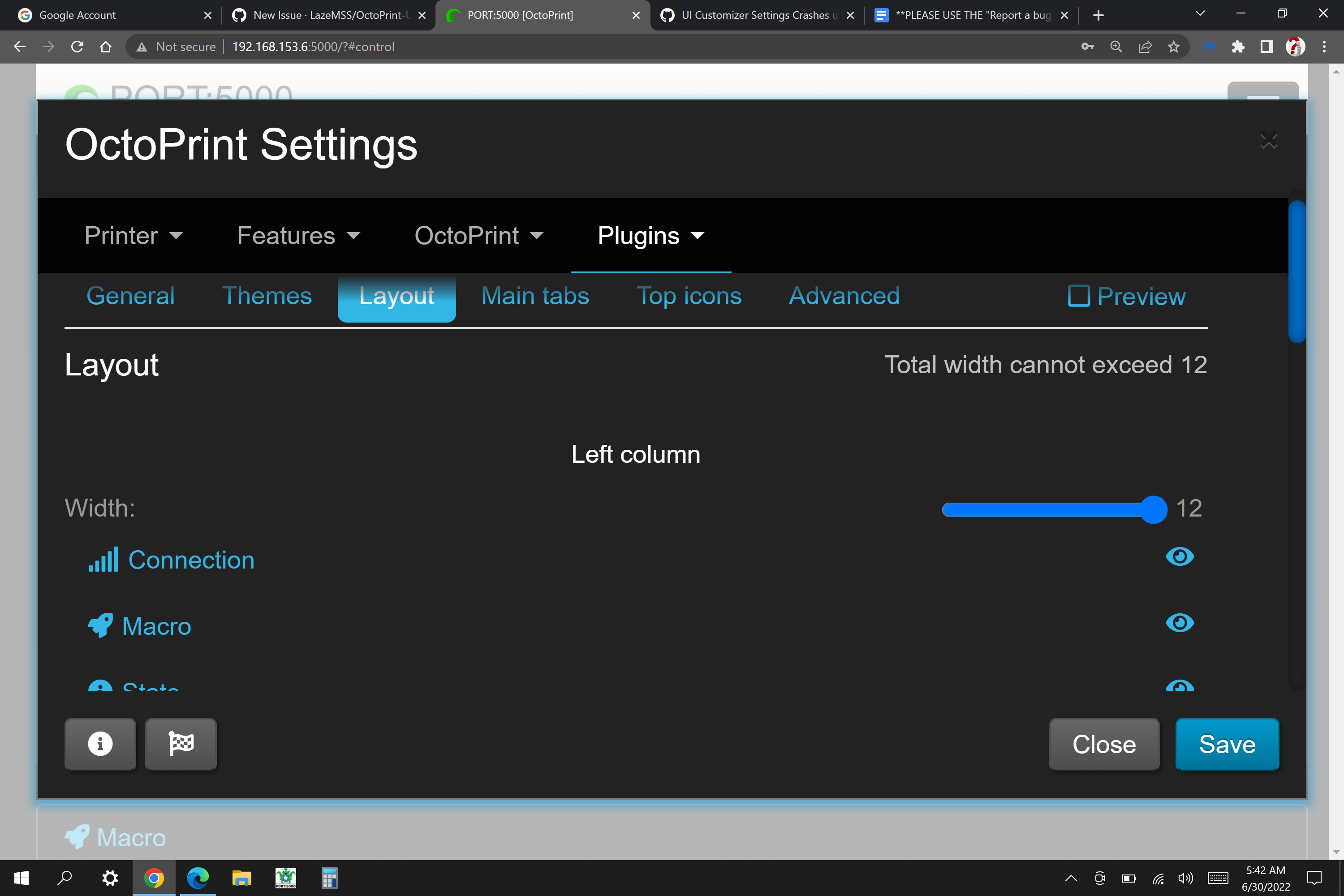 UI Customizer Settings Crashes upon saving when attempting to put all controls in the Left-Width ...
