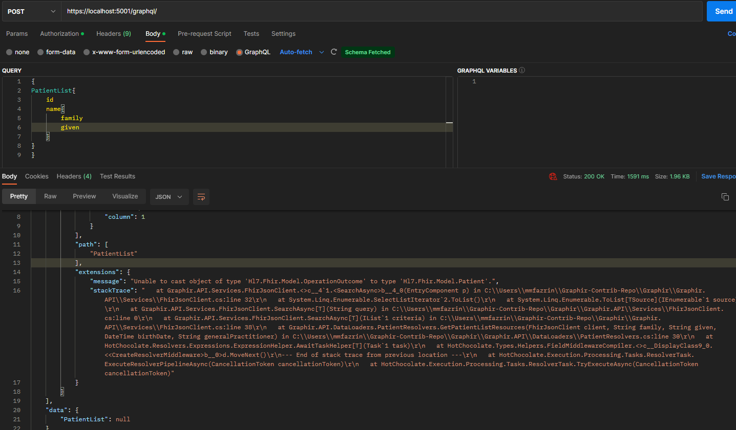 Unable to cast object of type 'Hl7.Fhir.Model.OperationOutcome' to type 'Hl7.Fhir.Model.Patient ...