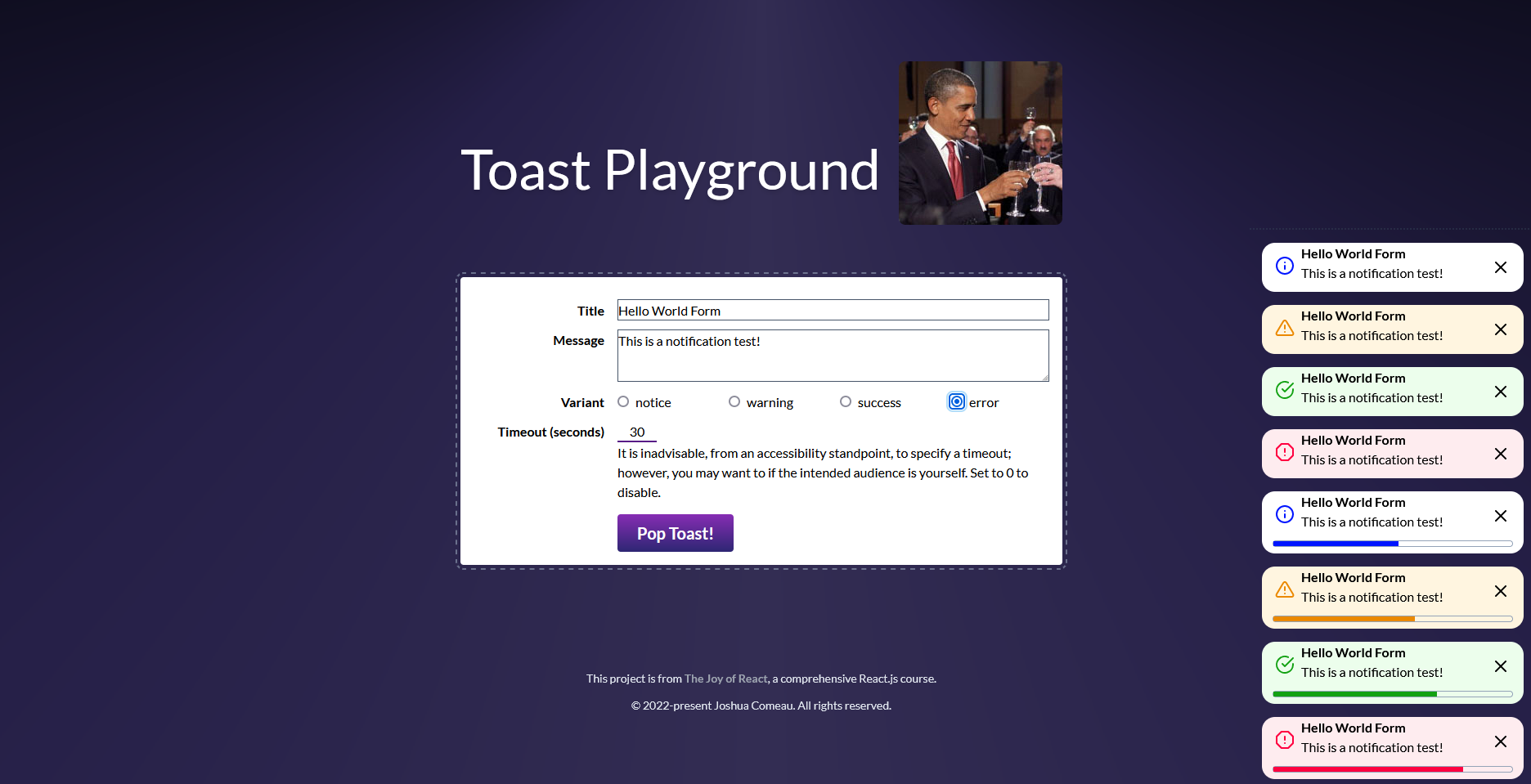 GitHub - RheingoldRiver/joy-of-react-toast-component: Joy of React project #2