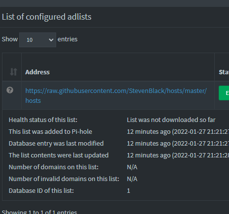 [CentOS7] [WEB-UI] Health status of Adlists is not updating · Issue #4580 · pi-hole/pi-hole · GitHub